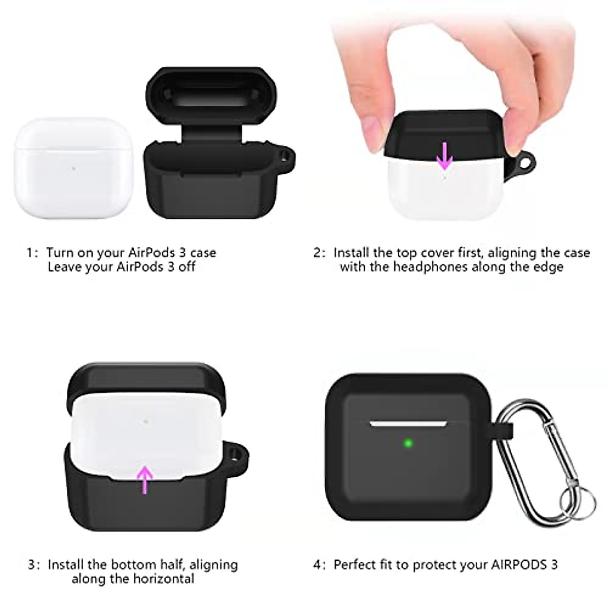 Doboli Compatible with AirPods 3 Case Cover for Airpods 3rd Generation Charging Case 2021 Silicone Protective Accessories Skin with Keychain （Front LED Visible） Square Black