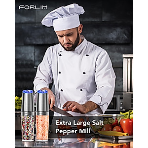 FORLIM Electric Salt and Pepper Grinder Set, Upgraded 9 Oz Large Capacity, Battery Operated Automatic Pepper Grinder Set, Easy to Fill, One Hand Operation, Stainless Steel(Silver)