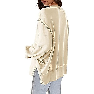 iHPH7 Womens Oversized Crewneck Sweatshirts Pullover Workout Tops Fall Long Sleeve Teen Girls Loose Outfits Preppy Cute Clothes Beige