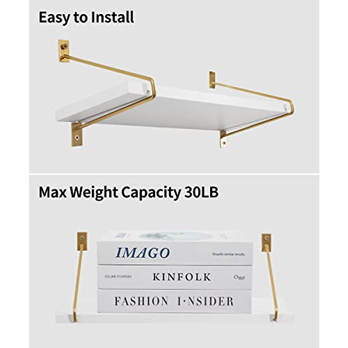 Godimerhea White Floating Shelves for Wall, Set of 2 Wall Mounted Hanging Wood Shelf with Gold Brackets, Modern Luxury Decorative Organizers Storage Shelves for Bathroom, Living Room, Bedroom