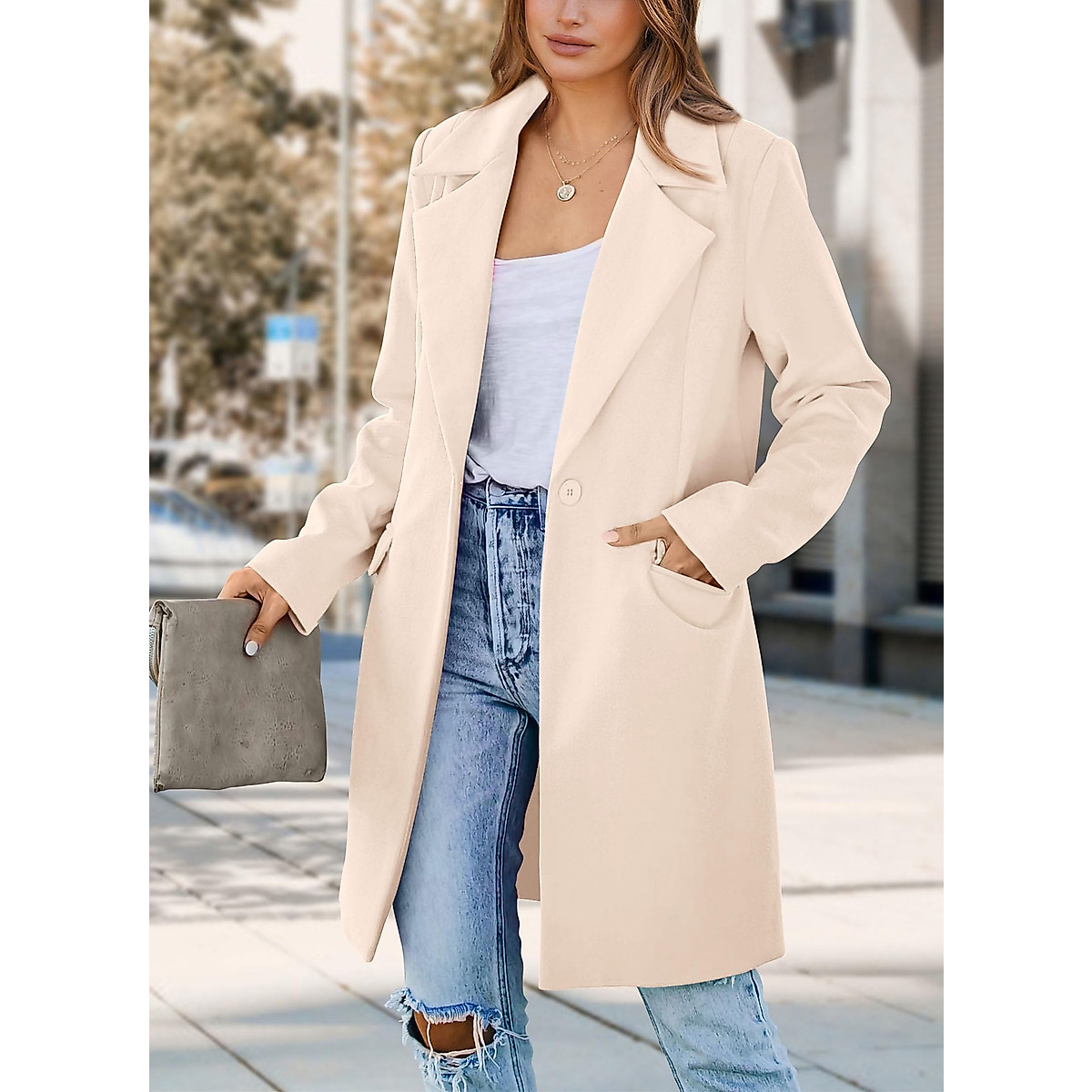 PRETTYGARDEN Women's 2024 Fall Long Blazer Jackets Long Sleeve Lapel Pockets Loose Fit Work Casual Blazers Outerwear (Beige,Small)