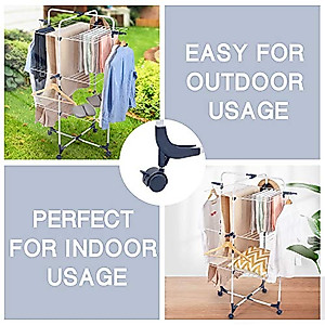 TOOLF Clothes Drying Rack, 3-Tier Collapsible Laundry Rack Stand Garment Drying Station with Wheels and 4 Hooks, Indoor-Outdoor Use, for for Bed Linen, Clothing, Socks, Scarves