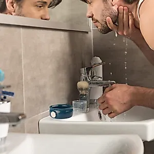 Linkidea Ceramic Shaving Soap Bowl with Non-slip Handle, Wide Mouth, Large Capacity, Easier to Lather Ridges, Wet Razor Shave Cream Bowl for Men, Lake Blue