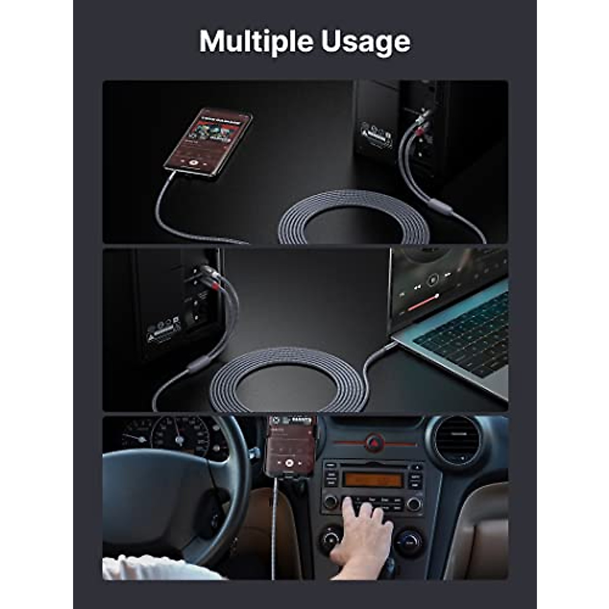 JSAUX RCA to 3.5mm Cable, 【6.6ft/2M】 Aux to RCA Headphone Male to Male Jack Adapter Nylon Braided 1/8 to RCA Audio Y Cord for Smartphones, MP3, Tablets, Speakers, HDTV -Grey