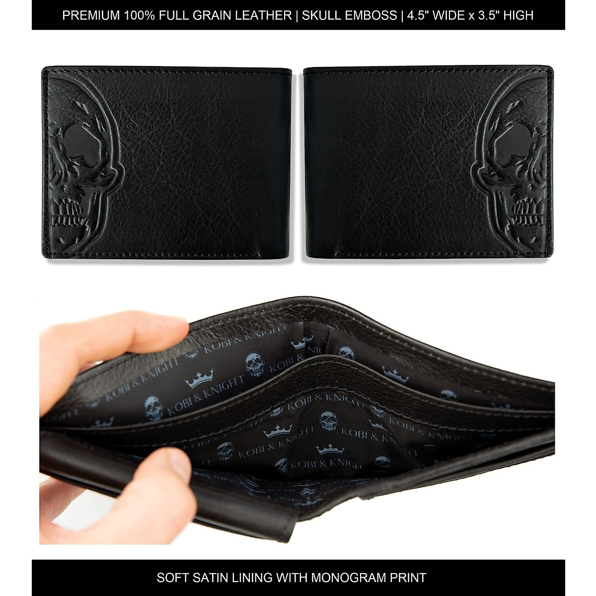 Kobi & Knight Mens Leather Skull Wallet | Bifold Wallet with Embossed Skull Design | Full Grain Leather Wallet in Gift Box | Gift Idea For Men