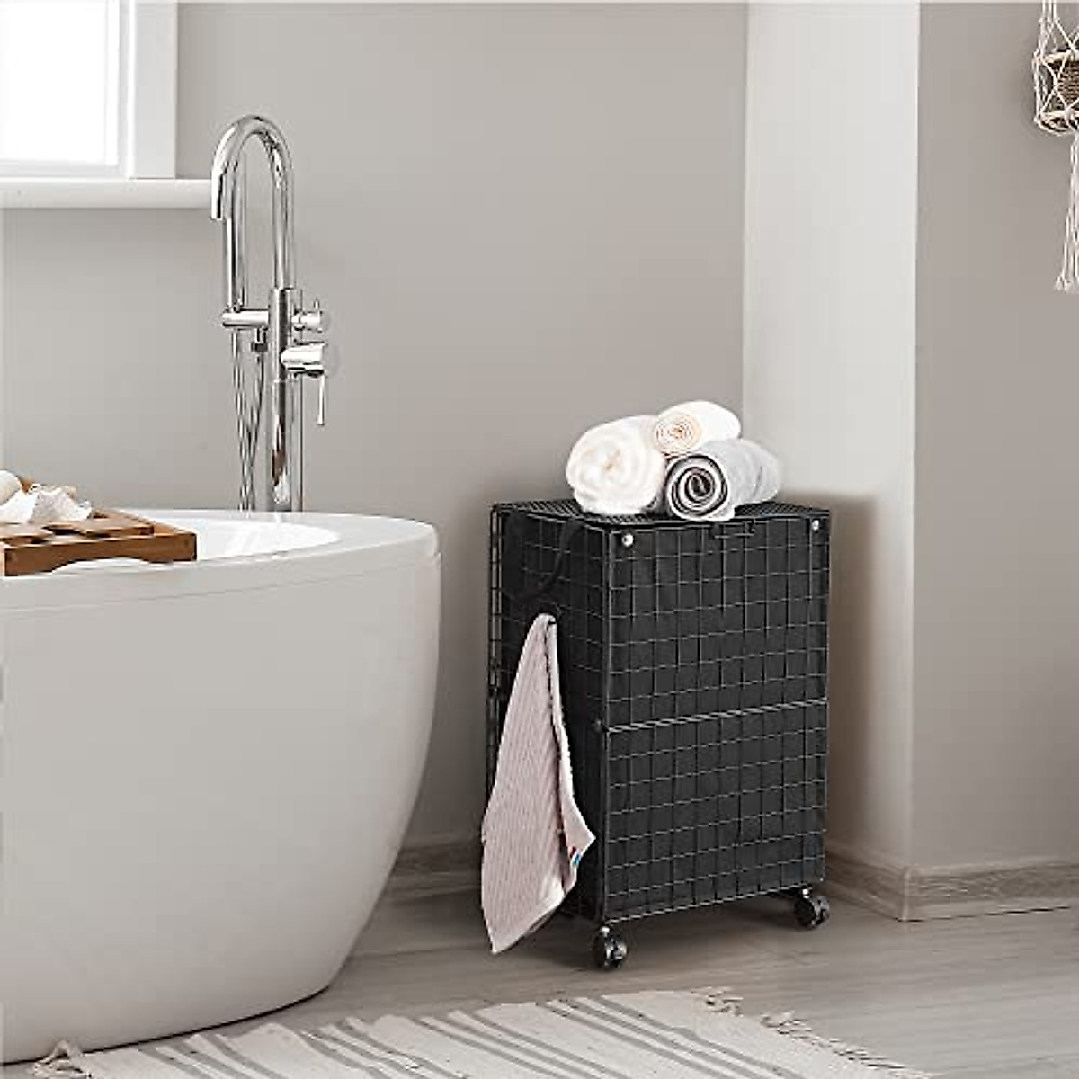 ELYKEN 2 Pack Laundry Hamper with Lid and Wheel, Rolling Metal Wire Frame Dirty Clothes Basket for Small Bathroom, 61L Capacity Liner Bag with Handle, Heavy Duty Steel Cover Bedroom Organizer Black