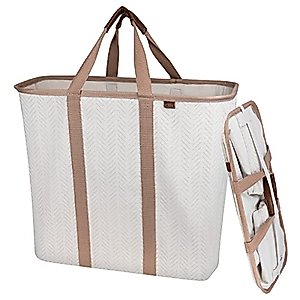 CleverMade Collapsible Laundry Basket, Premium Large Foldable Clothes Hamper, Laundry Tote Carry All Bin XL Pop-Up Caddy with Handles, 2 Pack, Cream Herringbone