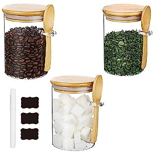 FyndraX Coffee Salts Sugar Container Jars, 15 Oz Glass Canister with Lids, Spoon and Labels for Tea, Nuts, Bath Salt, Spice, Overnight Oats and More Storage Canning, Pack of 3