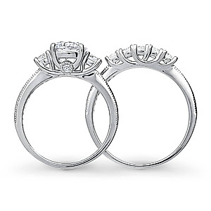 BERRICLE Sterling Silver 3-Stone Wedding Engagement Rings Round Cubic Zirconia CZ Ring Set for Women, Rhodium Plated Size 7.5