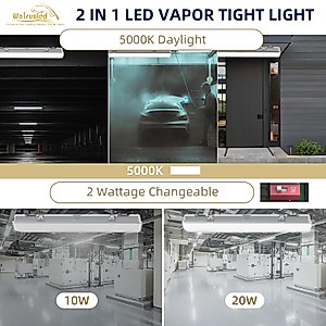 2FT LED Vapor Tight Light, IP65 IK08, 10W(1250lm)/20W(2500lm) Selectable, 5000K, 100-277V, Outdoor Waterproof Shop Light, Vapor Proof Lighting Fixture for Carport Parking Garage Car Wash, FCC Listed
