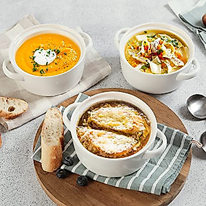 DOWAN Soup Bowls with Handles, 24 ounces Ceramic Cereal Bowl Set for kitchen, White French Onion Soup Crocks, Microwave Oven Safe, Stackable Soup Mug for Soup, Cereal, Stew, Chilli Set of 4