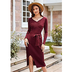 GRACE KARIN Women's V Neck Cable Knit Fall Sweater Dress Long Sleeve Tie Waist Bodycon Slit Pullover Midi Dress with Belt Wine L