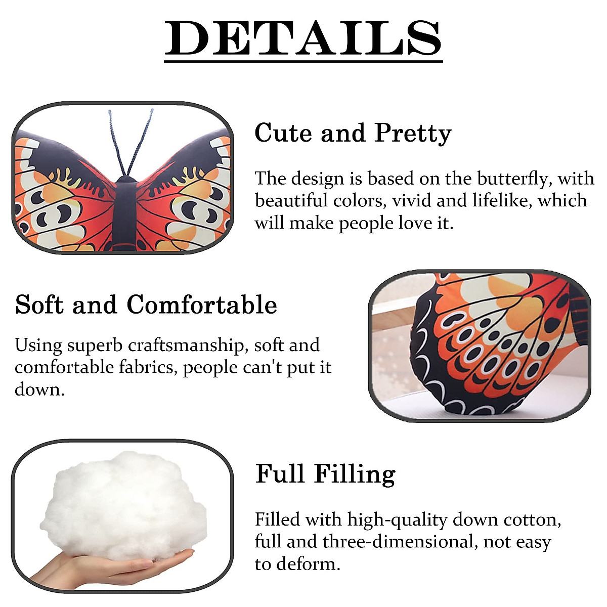 zhidiloveyou Butterfly Stuffed Animal Plush Butterfly Pillow Kawaii Toy (16"×12", Colorful)