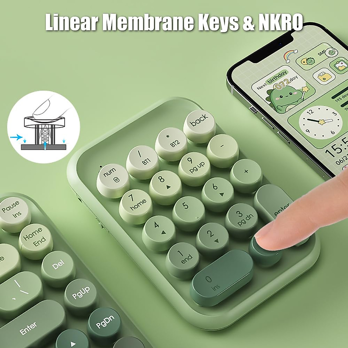 TISHLED Typewriter Style Number Keypad Wireless 2.4G/Bluetooth/USB-C Wired Rechargeable Numeric Pad Linear Membrane Switch 18-Key NKRO Retro Round Keycaps Portable for Multi-Device, Matcha Green