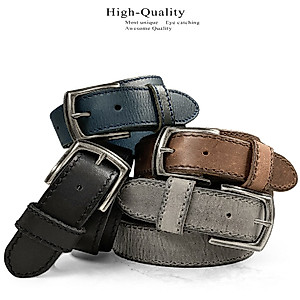 Antique Engraved Buckle Genuine Full Grain Leather Casual Jean Belt 1-1/2"(38mm) Wide (Gray, 36)