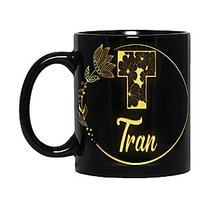 Coffee Mug Personalized Tran Name & Initial Letter Monogram Floral Alphabet Mug Golden Flowers Custom Black Coffee Cup, Gift for Her Mom Coworker Sister, Wife, Girl 11oz Black Mug 905887
