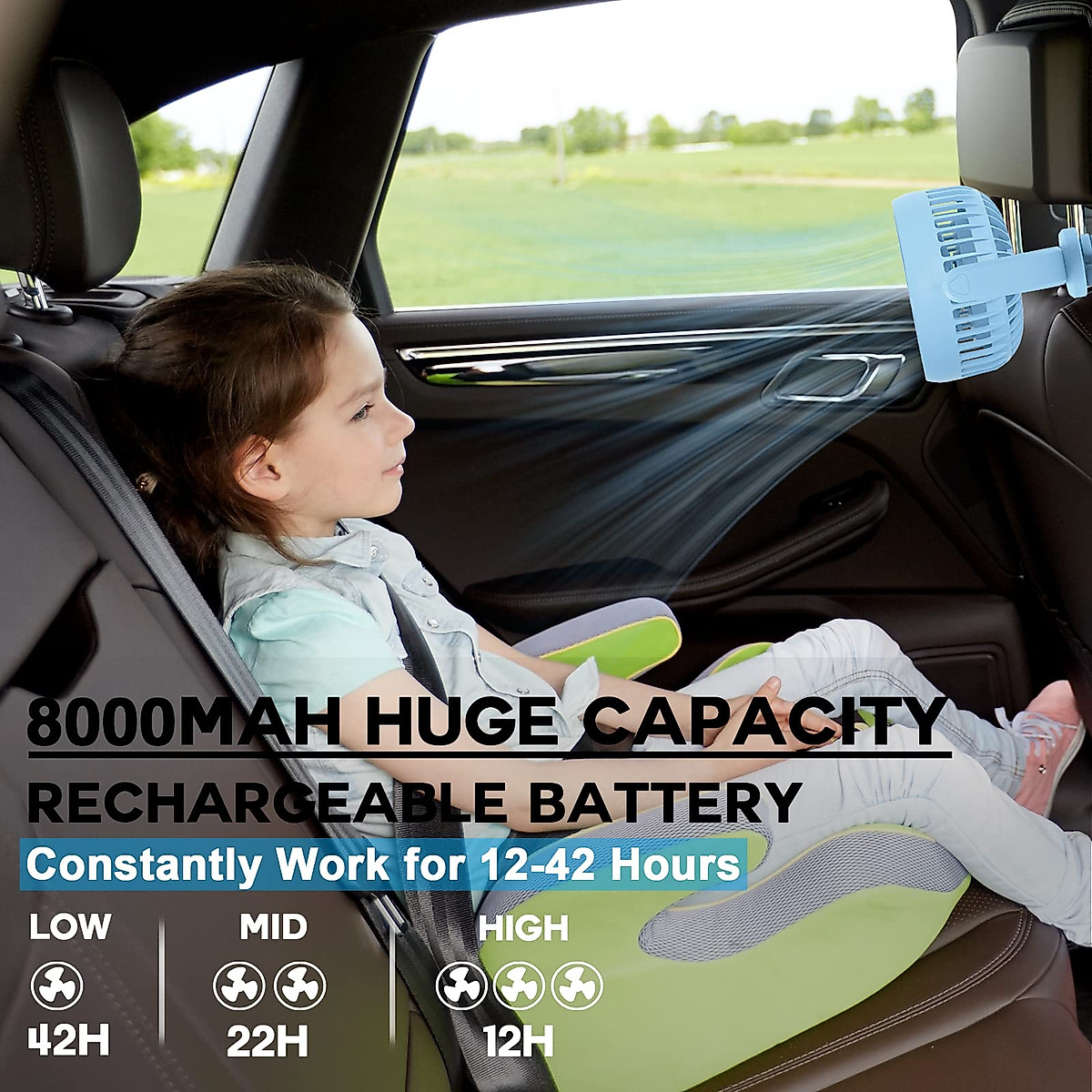Stroller Fan, Used As Power Bank, 42Hrs 8000mAh Rechargeable Battery Operated Fan, Small Clip On Fans For Baby Stroller, Car Seat, Bed, Golf Cart, Beach, Peloton Bike, Portable Fan for Travel, Camping
