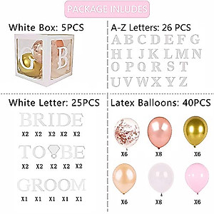 96 PC Bridal Shower Decorations Balloon Boxes White- Transparent Block with BRIDE TO BE + GROOM + A - Z Letters and 40 Balloons- Engagement Bachelorette Parties Weddings Centerpieces Photo Booth Props