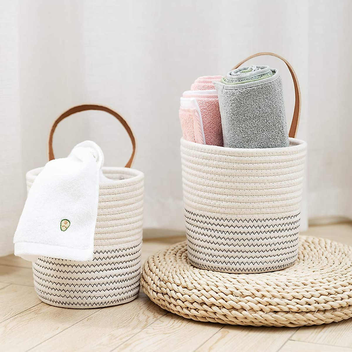 HIGOGOGO 2 Pack Wall Hanging Cotton Storage Baskets, Small Rope Baskets with Leather Handle Door Closet Organizer Woven Baskets for Keys, Wallet, Plants, Towels, Toys, 7.87" x 7"