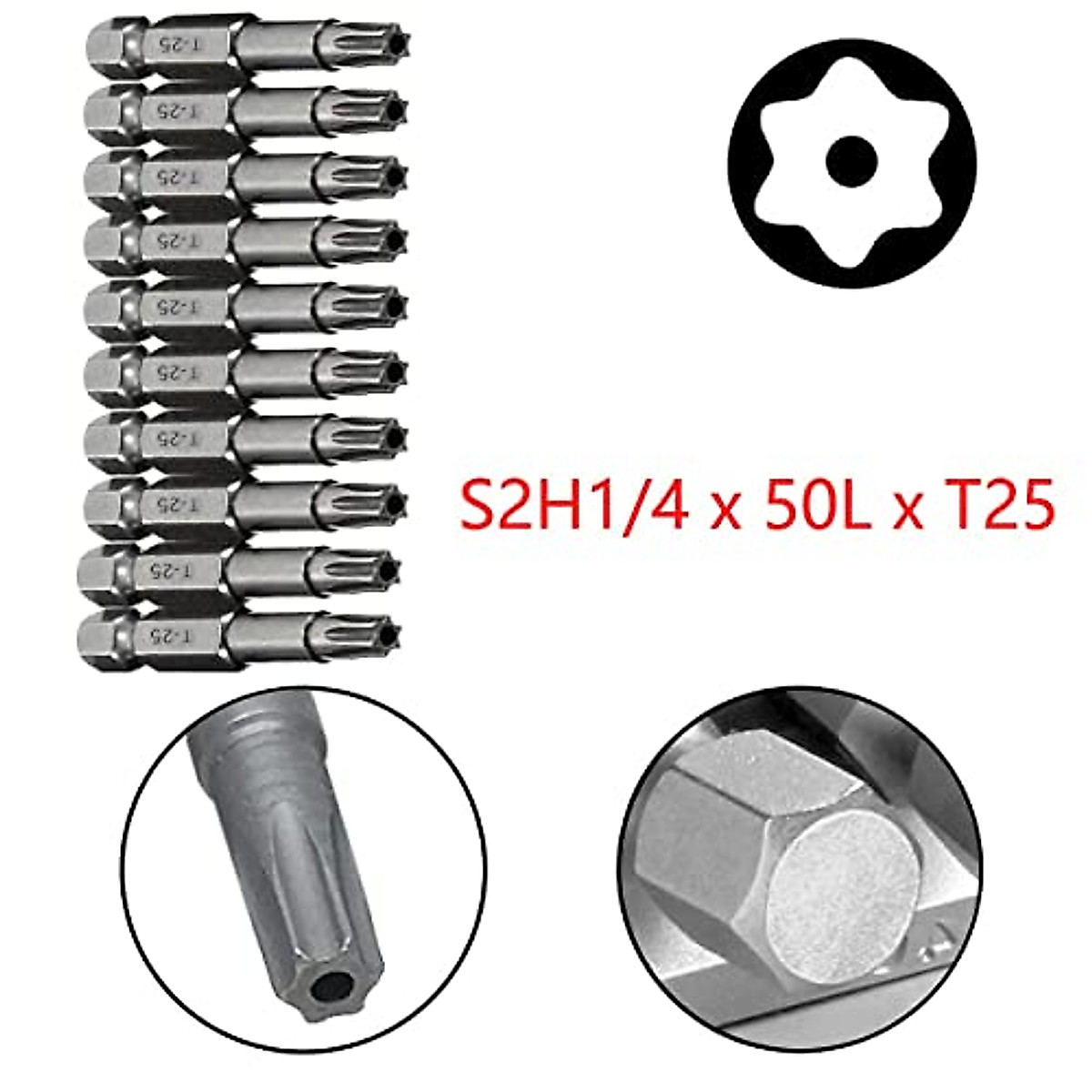 COMOK 10pcs 50mm Long 1/4 Inch Hex Shank T25 Torx Head Magnetic Screw Driver Bit Set Security Tamper Proof Star 6 Point Screwdriver Kit Tools