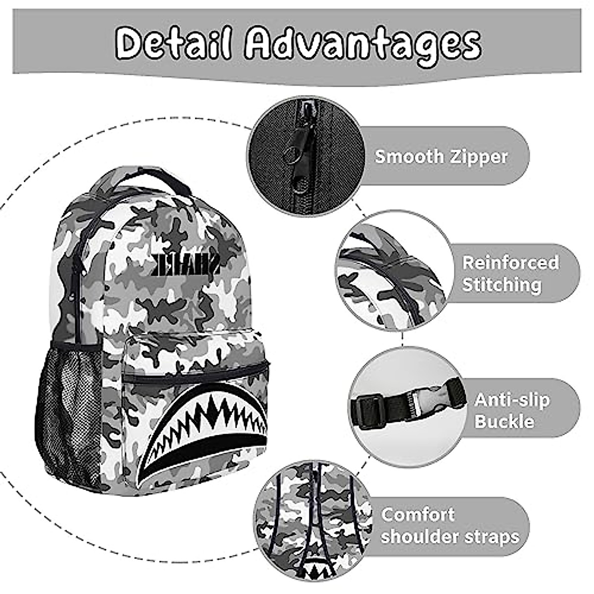 Cbntnaf Shark Camo Backpack for Women Men, Gray Camo Shark Teeth Print Bookbag for Boys Girls, Large Capacity Lightweight Backpack for School Work Camping Hiking