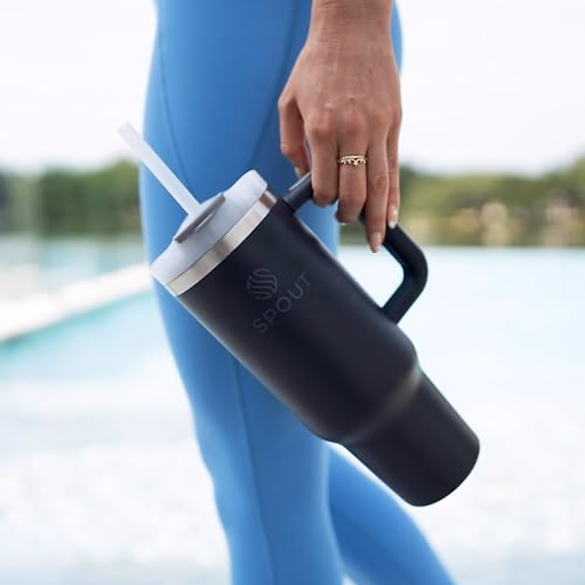 SPOUT 40 oz Tumbler With Handle And Straw, Insulated Stainless Steel Water Bottle With Straw - Travel Mug | BPA Safe Tumblers | Iced Drinks, Water, Cold/Hot Coffee - Cupholder Friendly Midnight Navy