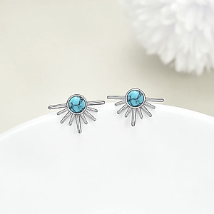 KQF Tiny Sun Stud Earrings for Women Moonstone Turquoise Opal Sterling Silver Earrings