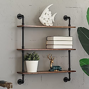 Phaxth Industrial Pipe Shelving, 3 Tiered Wall Mounted Pipe Wood Shelves, 27" W