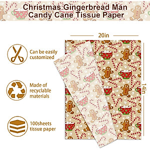 JarThenaAMCS 100 Sheets Christmas Tissue Paper Gingerbread Man Candy Cane Art Tissue Wrapping Paper for Xmas Winter DIY Crafts Gift Packing, 14 x 20 Inch