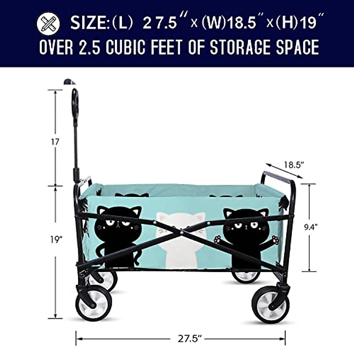 Collapsible Wagon Cart Black White cat icon Set Cute Kawaii Cartoon Character Funny Kitten Foldable Utility Wagon Large Capacity Garden Cart with Push Bar for Beach Camp Outdoor Shopping