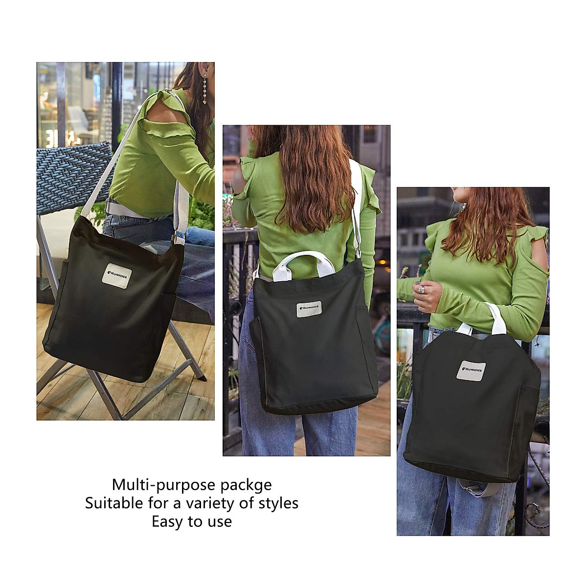 Canvas Tote Bag With Zipper And Pockets Casual Crossbody Planner Hobo Bags For Women, Black