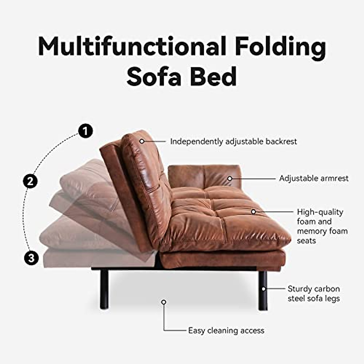 Opoiar Futon Memory Foam Couch Bed with Mattress and Frame Included,Comfortable Faxu Loveseat Sleeper Sofa for Dorm Apartment Office College Small Space Bedroom RV Living Room, Brown Leather