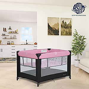 Dream On Me Zazzy Portable Playard with Bassinet in Pink, Packable and Easy Setup Baby Playard, Lightweight and Portable Playard for Baby with Mattress and Travel Bag