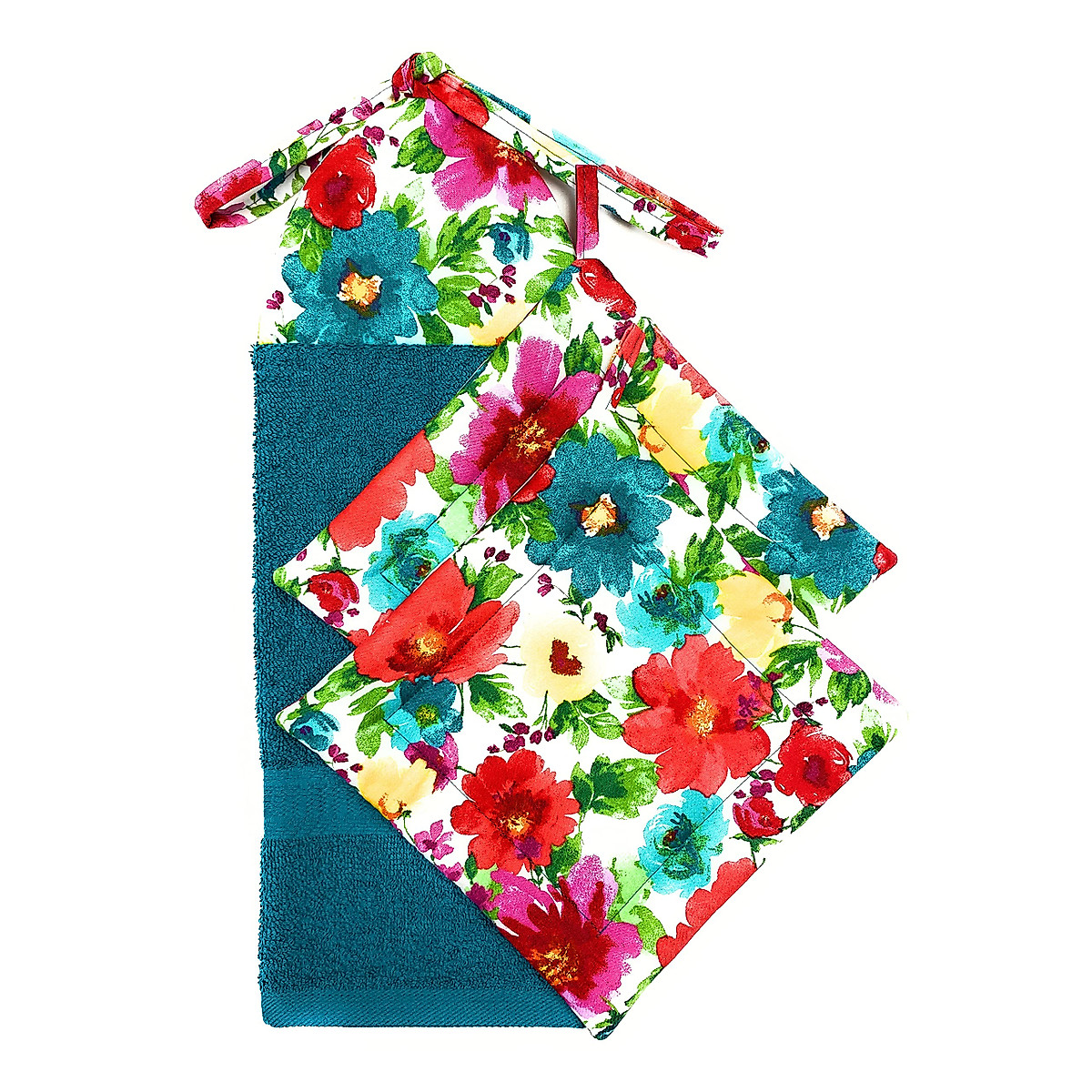 Red Pink Yellow Floral Flowers with Teal Turquoise Green Leaves Ties On Stays Put Kitchen Hanging Loop Hand Dish Towel and Set of 2 Square Pot Holders Hot Pads Trivets Hostess Housewarming Gift