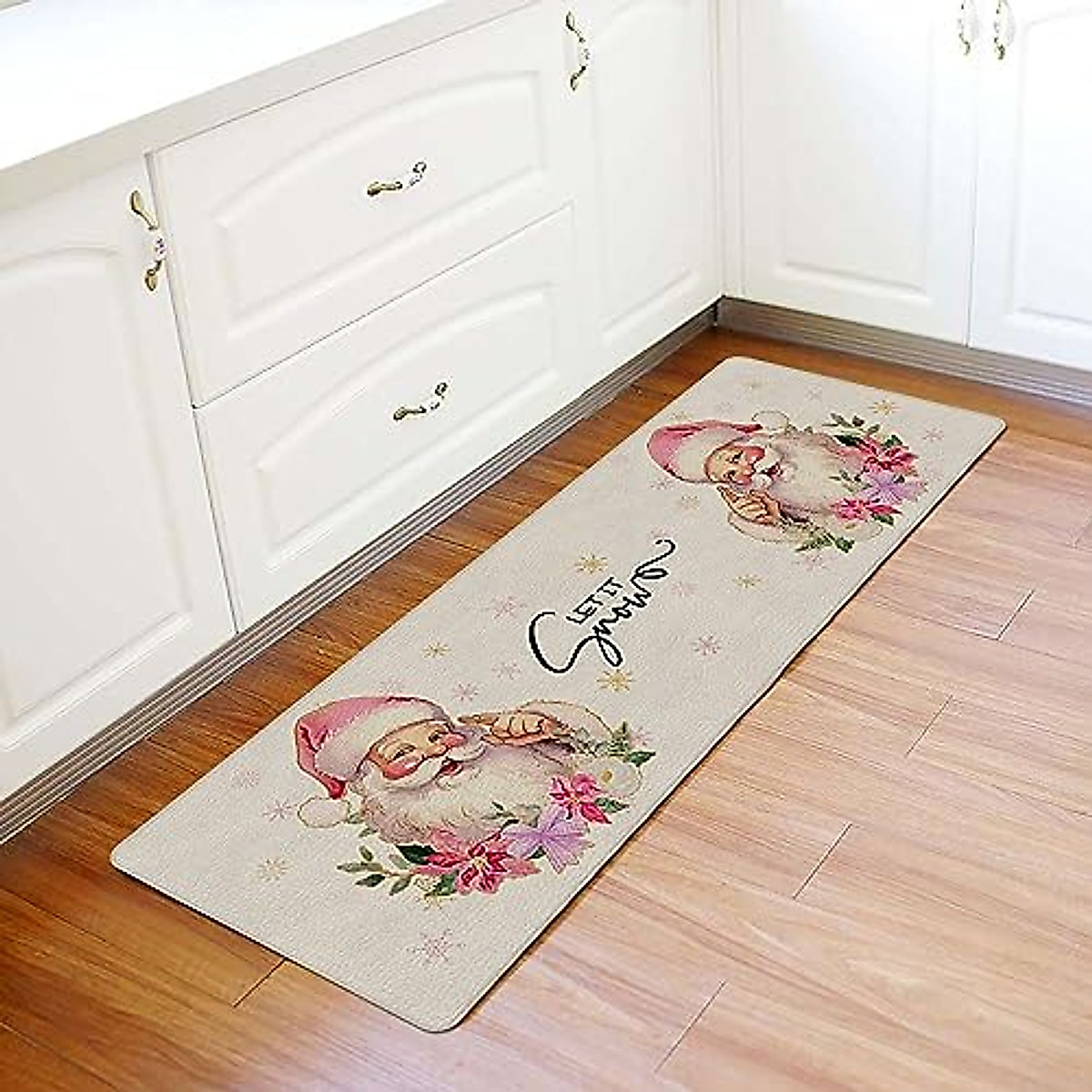 Christmas Santa Antifatigue Kitchen Bath Door Mat Cushioned Runner Rug,Washable Welcome Floor Sink Mat,Waterproof Non-Slip Comfort Standing Doormat,Blush Pink Gold Snowflakes Winter Red Flower 20"x39"