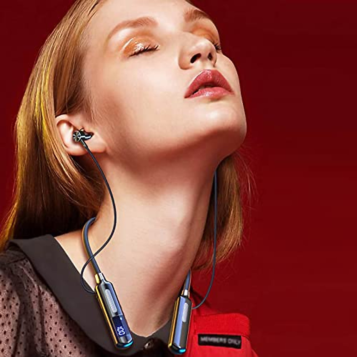Gspmoly Halter Neck Sport Digital Display LED Earphone, Can Be Inserted Into The Card, Bluetooth Running Earphone in-Ear Noise Canceling Waterproof Headset for iOS/Android, Ideal Xmas Gift