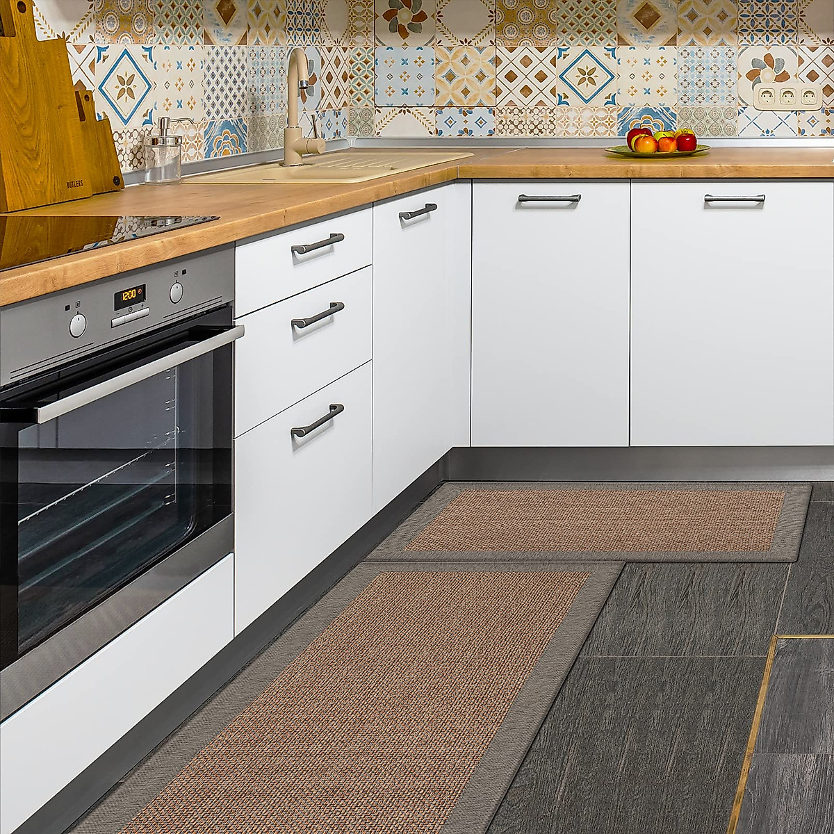 TRONSBOO Kitchen Rugs and Mats 2 PCS Set,Non-Skid Washable Twill Standing Mat in Front of Sink,Absorbent Rubber Backing Kitchen Mats for Floor,Laundry,Farmhouse,Hallway 17"x30"+17"x47"(Grey)