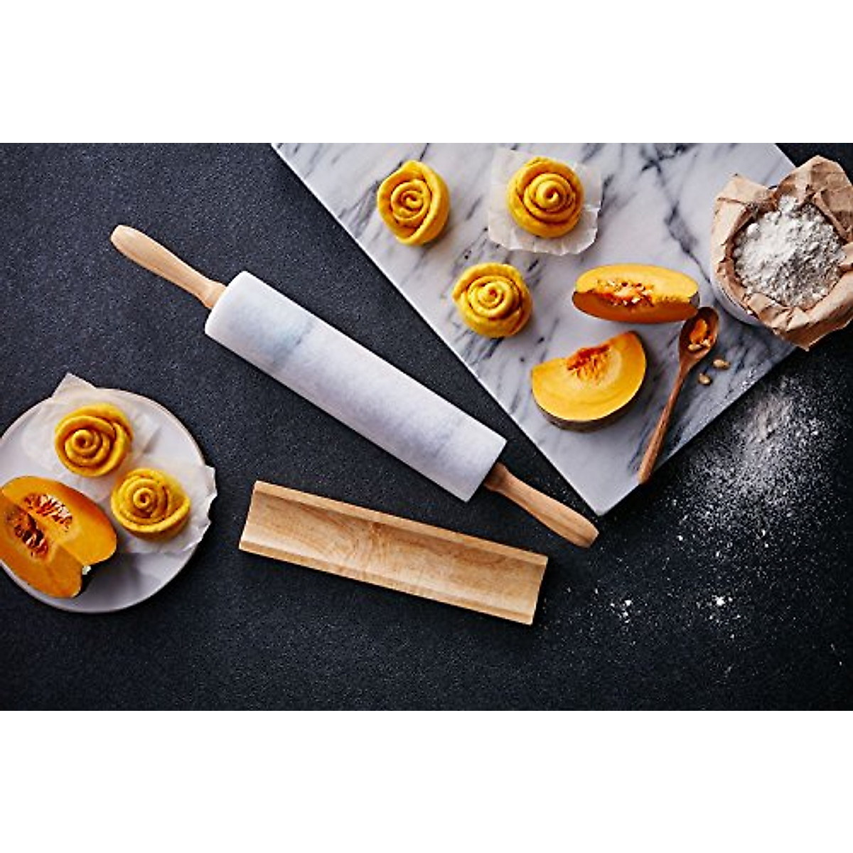 JEmarble Rolling Pin-Wooden Handles(White)(Premium Quality)Polished Surface 18-inch(10"Barrel) Genuine Stone Non-stick Save Effort Easy to Clean