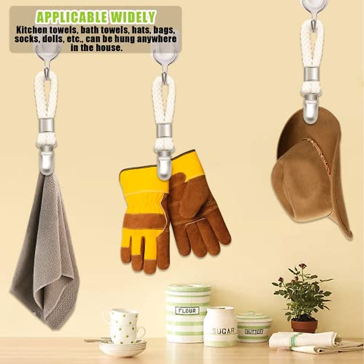 6 Pack Towel Hook Holder Braided Cotton Loop Towel Hangers Metal Clip Towel Hangers Rack Hand Towel Hook Tea Towel Holders for Kitchen Bathroom Ivory