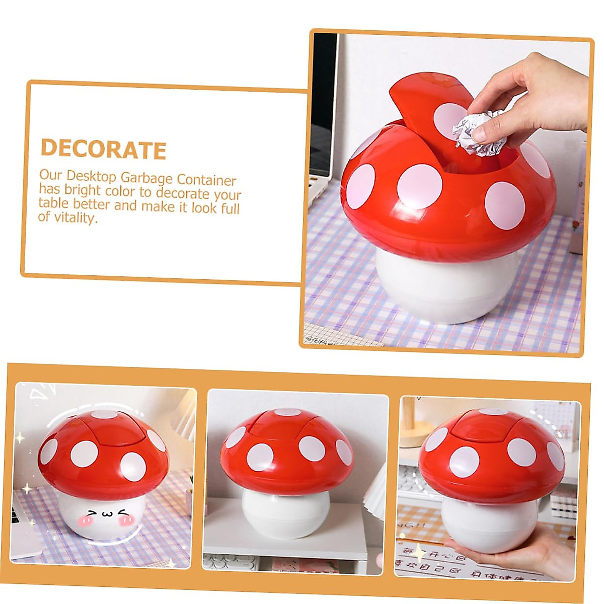 WHAMVOX Mushroom Shaped Garbage Can with Lid Decorative Trash Container for Kitchen Desk