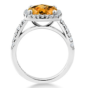 Gem Stone King 925 Sterling Silver Yellow Citrine and White Created Sapphire Engagement Ring For Women (2.50 Ct Cushion Checkerboard, Gemstone Birthstone, Available In Size 5, 6, 7, 8, 9)