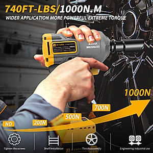 JEXUGK 1000N.m 1/2" Cordless Impact Gun, 740ft-lbs 21V Brushless High Torque Wrench with 2 x 4.0Ah Battery, 5 x Sockets & Fast Charger, Power Impact Driver for Truck Car Home Mower