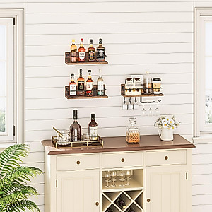 HOOBRO Wall Mounted Wine Rack 3 Pack, Wine Shelf Hanging Floating Wall Shelves, Wine Glass Bottle Rack Stemware Holder, for Living Room, Dining Room, Kitchen, Rustic Brown and Black BF33BJ01