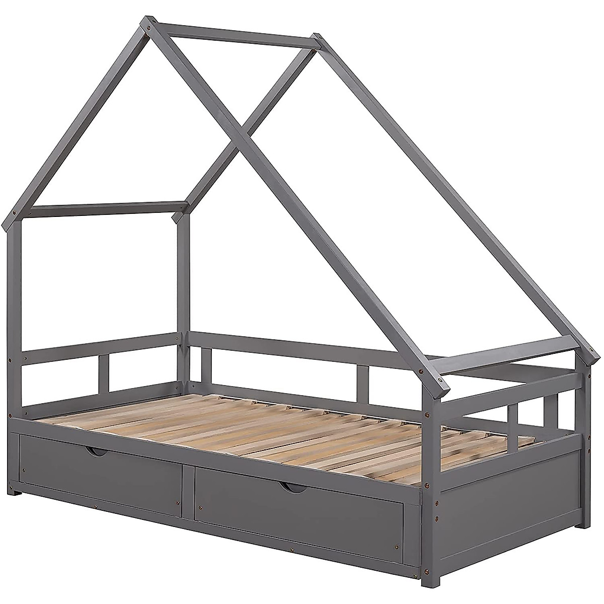 STP-Y Extending Daybed with Trundle Bed and Two Storage Drawers, Twin Size/King Size Solid Wood Daybed Frame, Wooden House Daybed for Teens Girls Boys, No Box Spring Needed, Easy Assembly, Grey