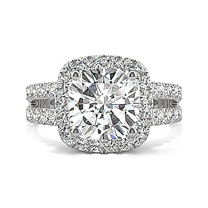 Charles & Colvard Created Moissanite 9mm Cushion Cut Engagement Ring for Women | 4.24 cttw DEW | Lab Grown | Solid 14K White Gold with Rhodium | Size 7.5