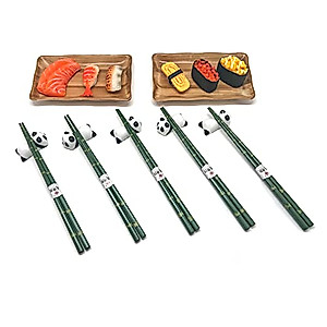 LANHUTHS Wooden Chopsticks Reusable 5 Pairs Gift Set with 5pcs porcelain rest Panda and Green Bamboo Design Hand-Made 8.8 Inch/22.5cm
