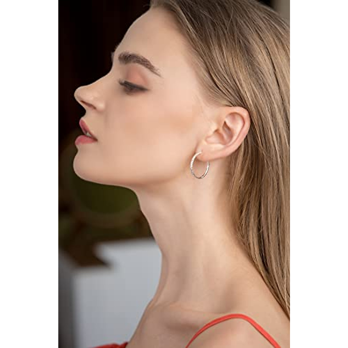 Sterling Silver Hoop Earrings for Women Girls 1 Inch, Diamond-cut Textured Design 2mm wide by 25mm Diameter