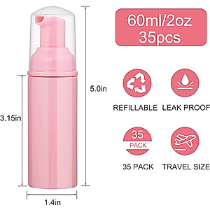 35 pcs 2oz (60ml) Foam Soap Dispensers Mini Plastic Refillable Travel Bottles with Pump for Hand Sanitizer Lash Shampoo Castile Liquid Pink