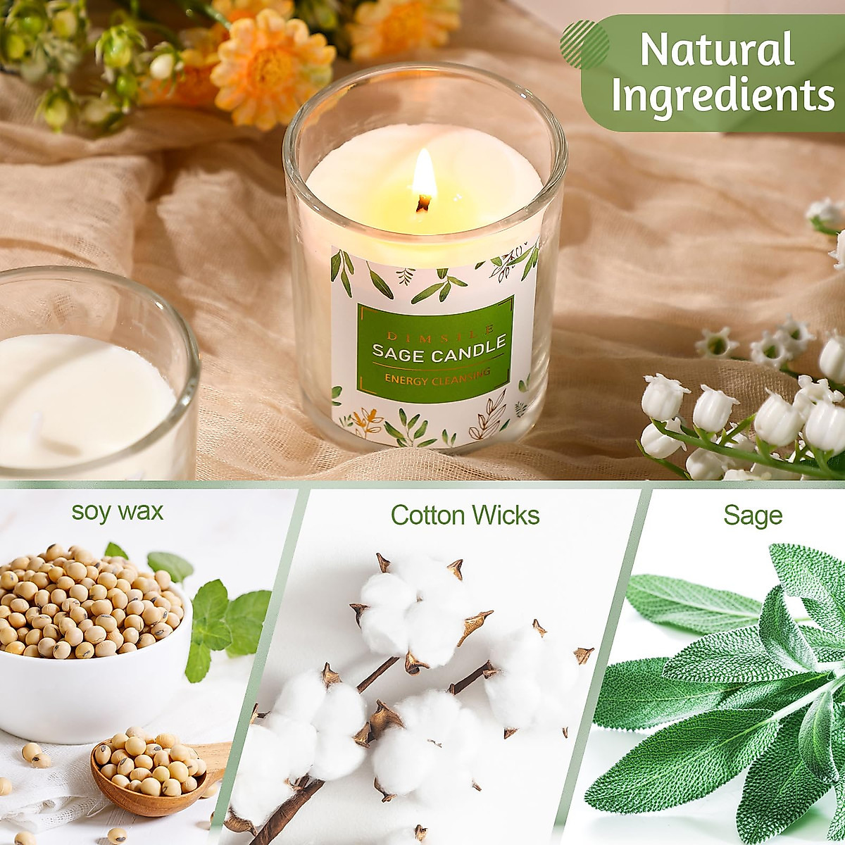 2 Pack Sage Candles for Cleansing 3.5oz Natural Soy Wax Candles Scented Candles Bulk for Cleansing House Energy and Meditation Long Lasting Sage Candle Gifts Set