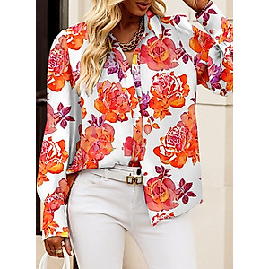 EVALESS Womens Tops Long Sleeve Shirt Cute Print Blouses for Women Fashion 2025 Red Button Down Shirt for Women Dressy Casual Boho Clothes Outfits for Holiday Sexy V Neck Tops for Spring Fall,Small